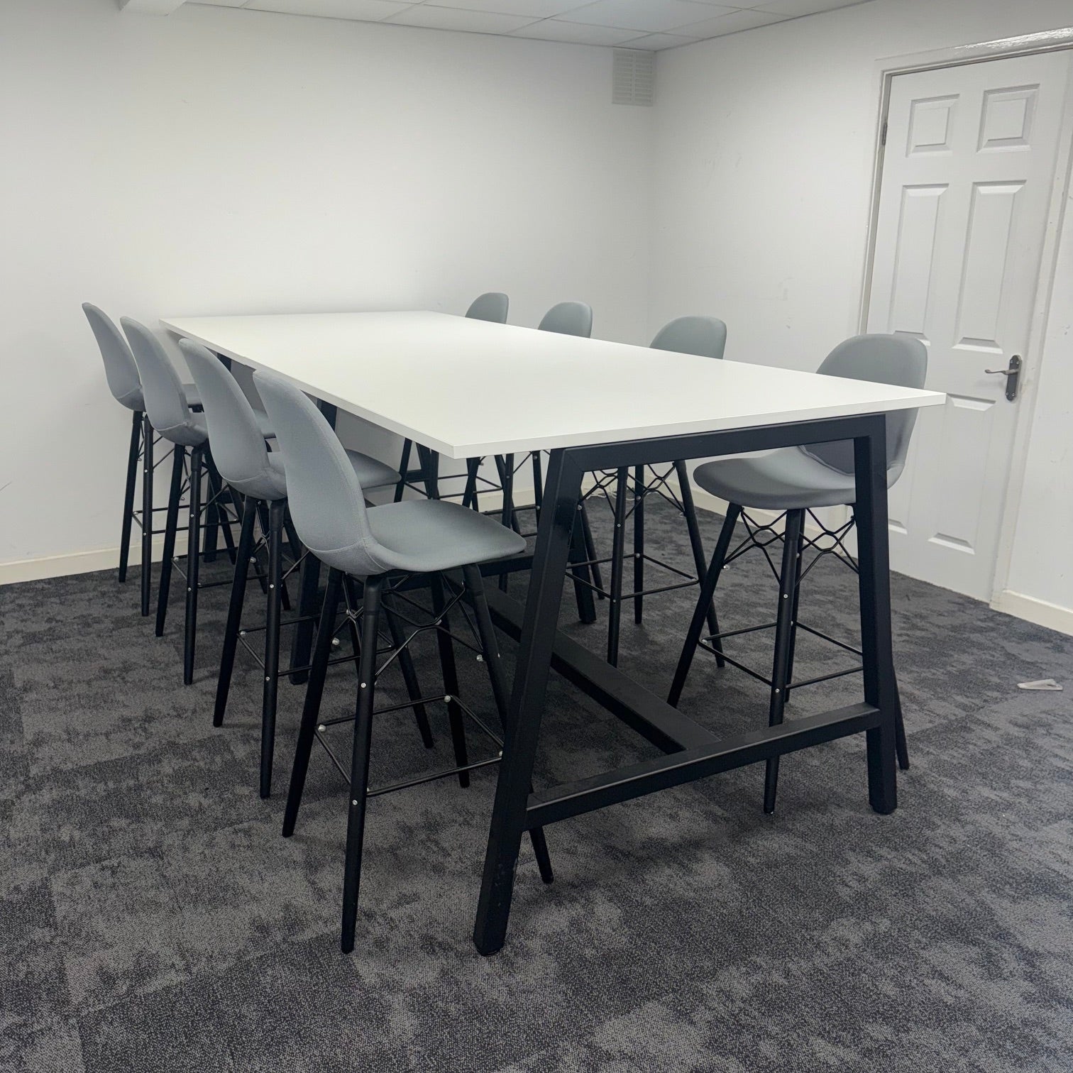 Used White High Table Set with 8 Grey Stools