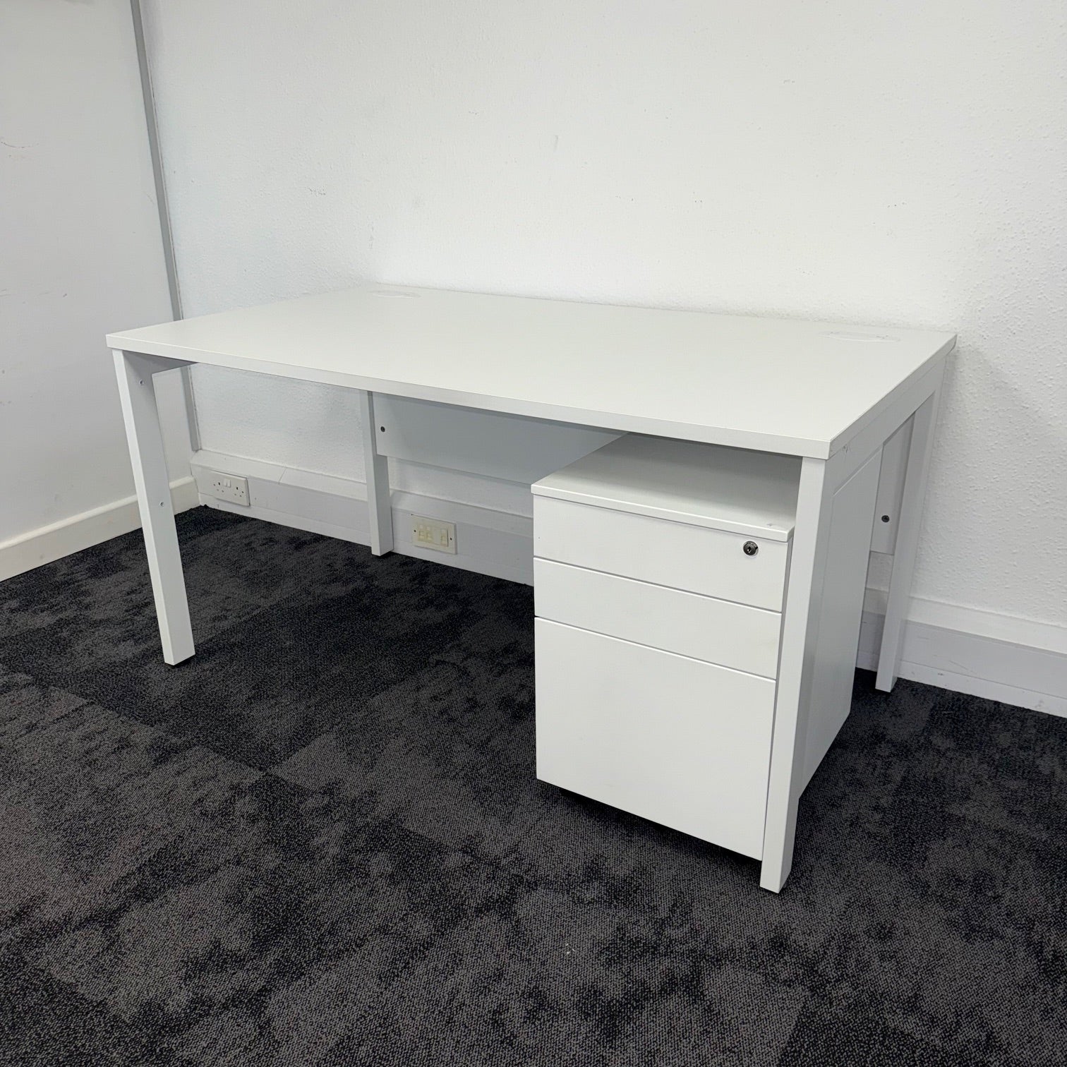 Used White Single Bench Desk with 3 Draw Mobile Pedestal
