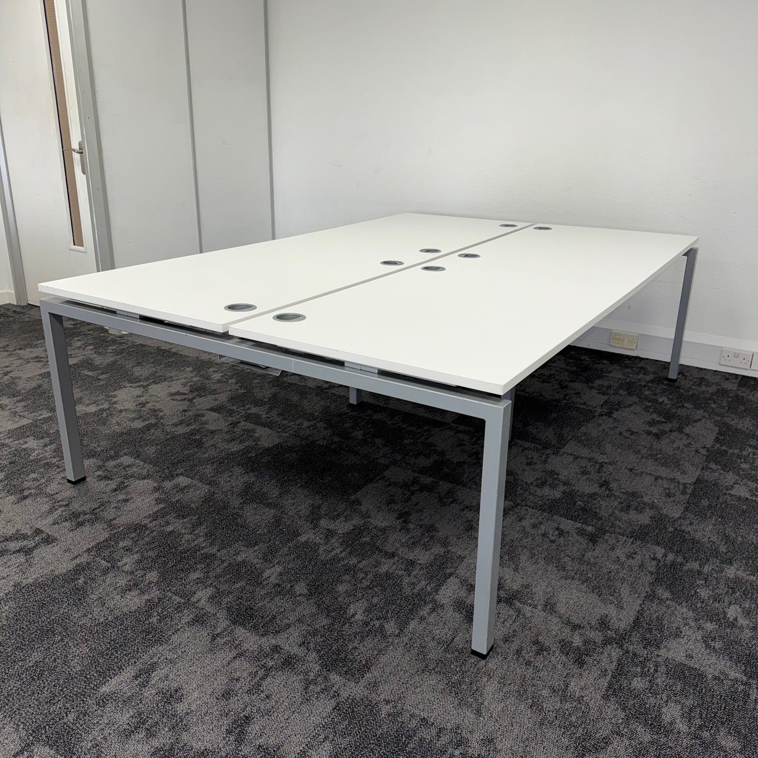 Used Mobili Sliding Top White Bench Desks with Cable Trays - Banks of