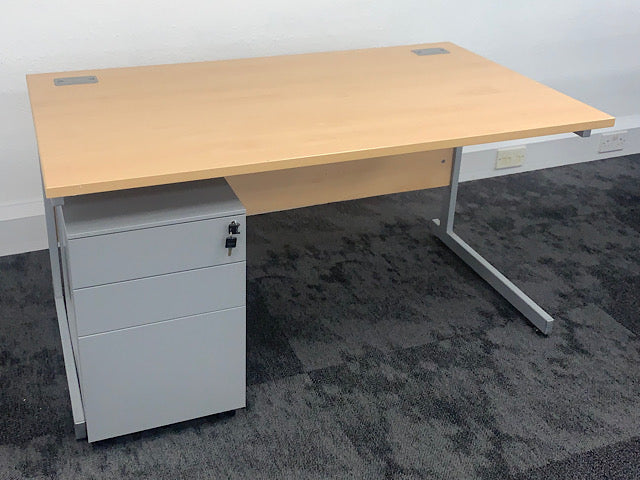 Used 1400mm Beech Desk with 3 Draw Mobile Pedestal
